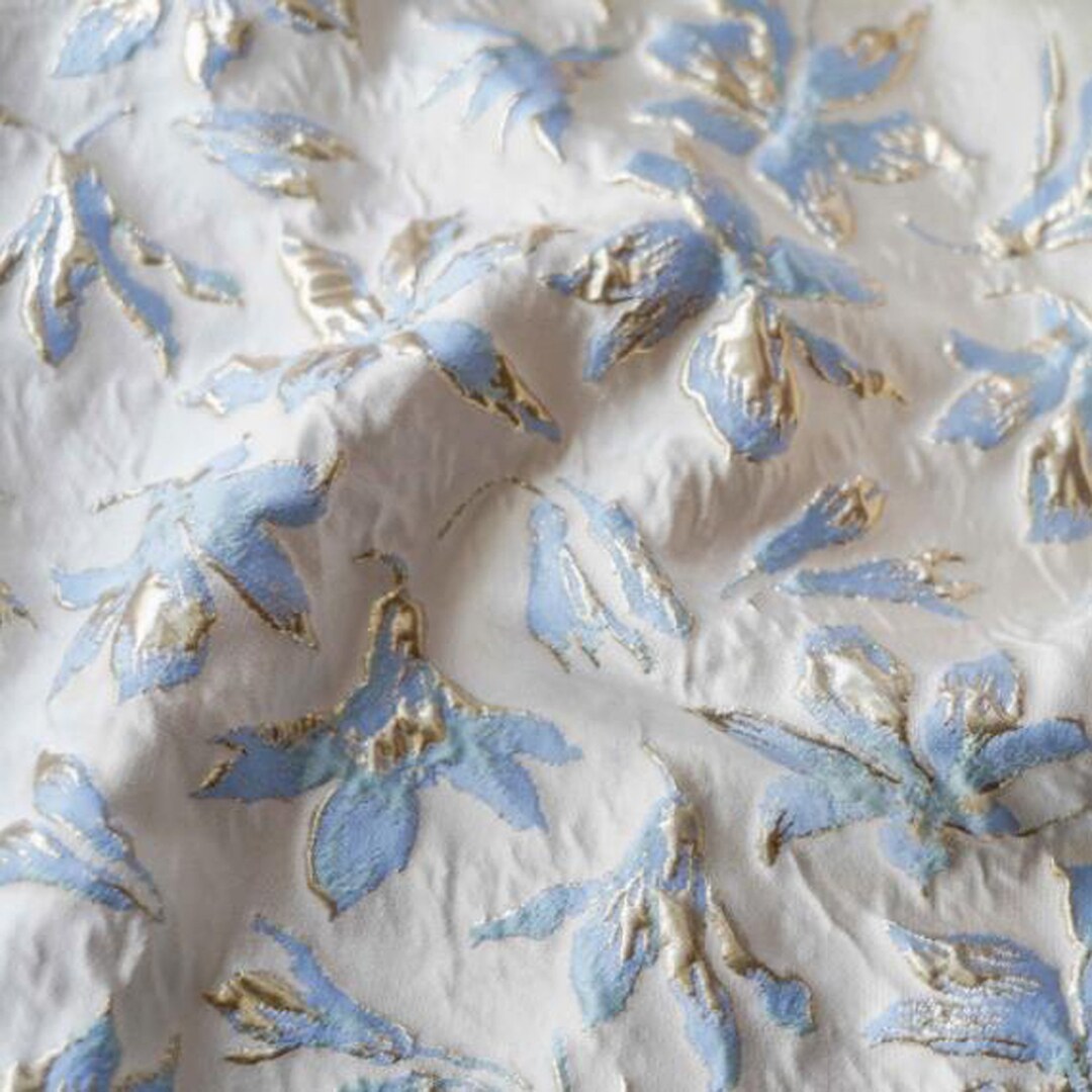 Light Blue Floral Pattern Jacquard Fabric Gold Thread - Etsy
