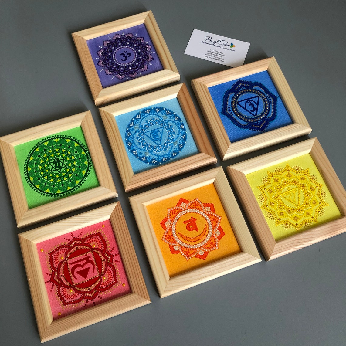 7 Chakras Set, Hand Painted Wall Hanging Yoga Decor on Canvas in Wooden ...