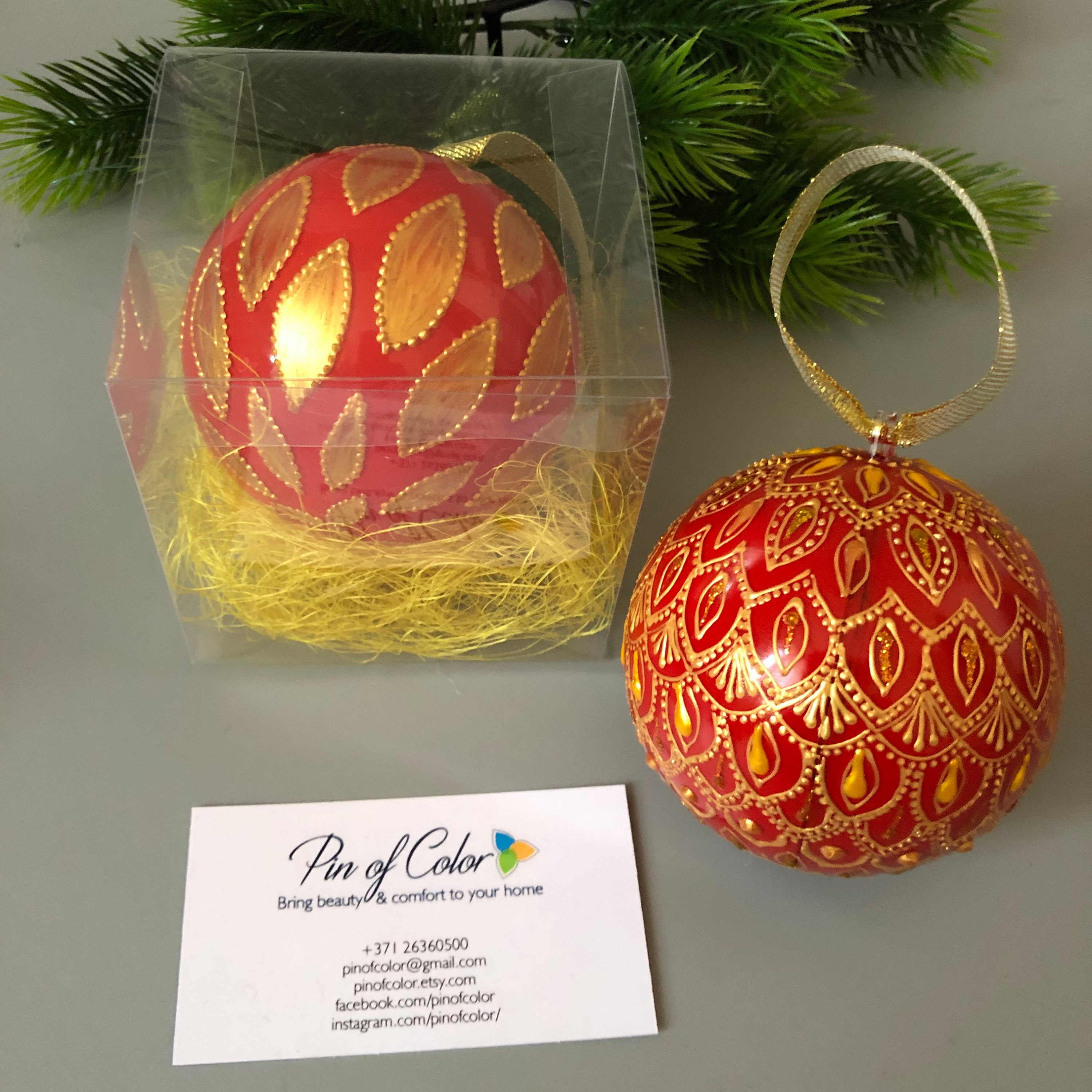 Christmas Tree Ornament in Gift Box Handpainted Red & Gold - Etsy
