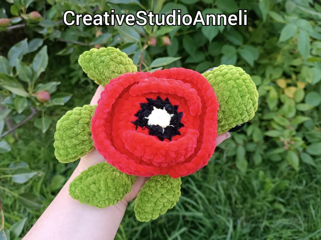 Crochet Turtle Plushie With Poppy Flower: Handmade Amigurumi Stuffed ...