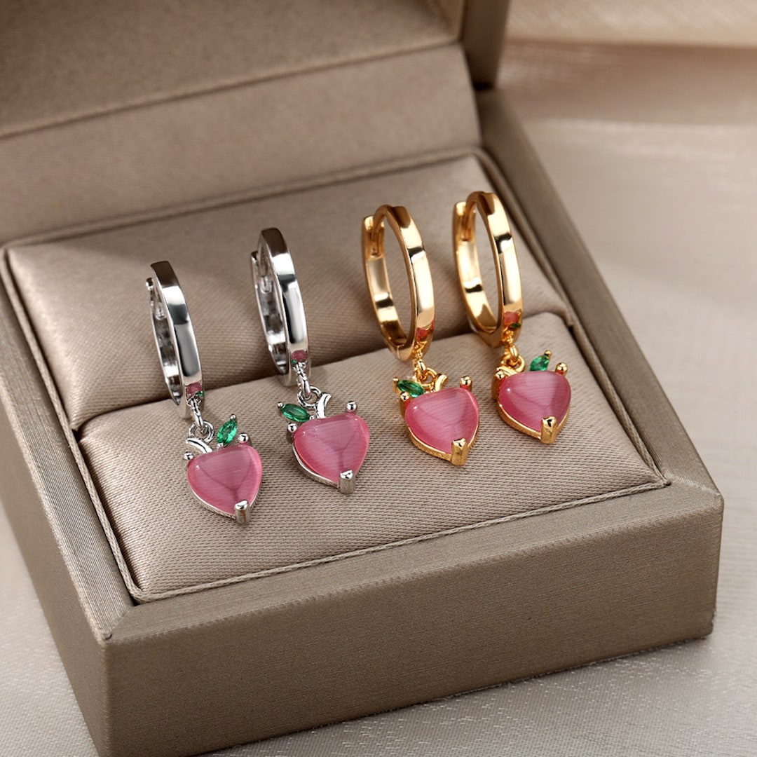Stainless Steel Gold Pink Heart Huggies, Heart Earrings, Dangling Heart ...