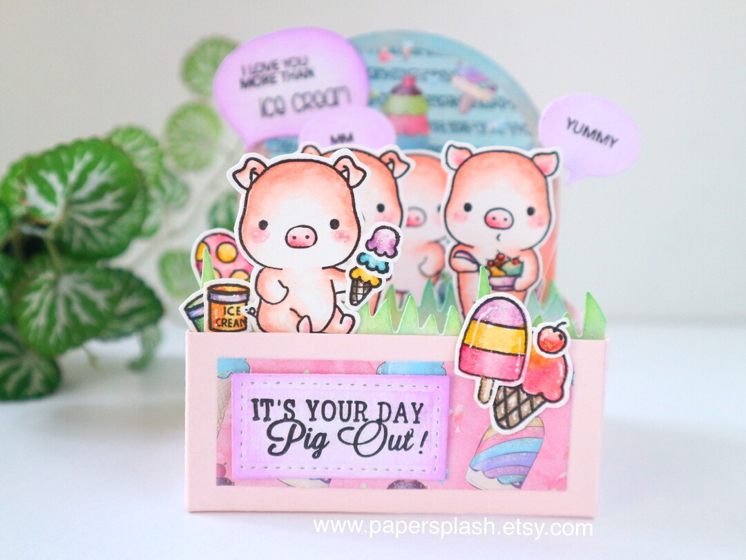 Popup Card Pig and Ice Cream, 3D Card, Piggy Handmade Card for Birthday ...