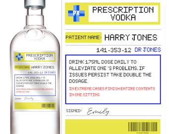 Personalised Prescription VODKA Spoof Bottle Label-ideal Celebration ...