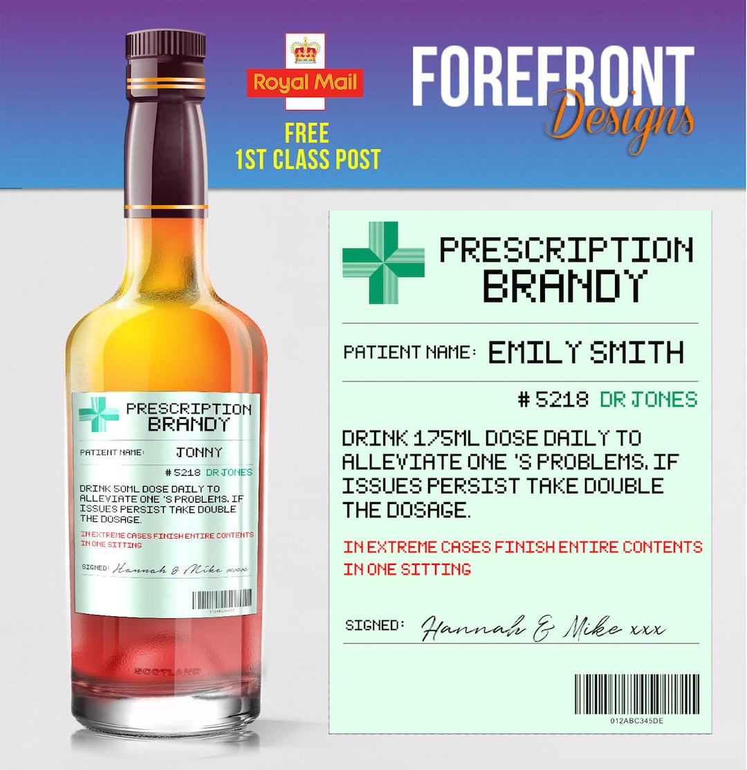 Personalised Prescription BRANDY Spoof Bottle Label-ideal Celebration ...