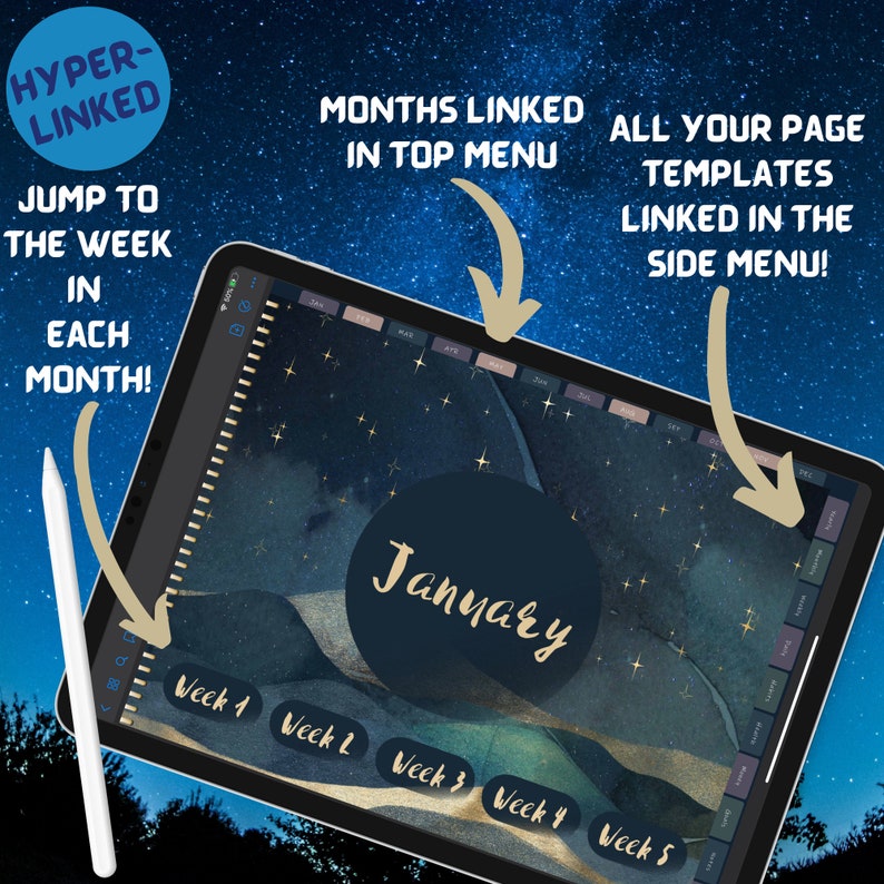 Undated Digital Planner, Dark Mode Space Themed Planner, Hyperlinked ...