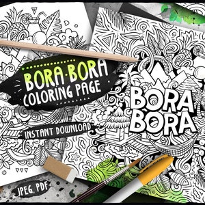 BORA-BORA Digital Coloring Page/ Tropical Doodle Illustration/ Exotic ...