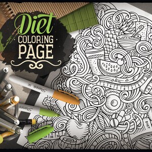 DIET FOOD Digital Coloring Page, Adult Coloring, Dietary Doodles Art ...