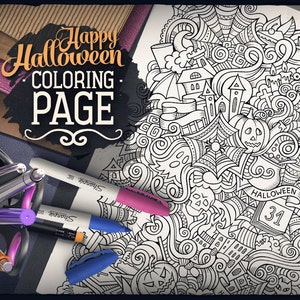 HAPPY HALLOWEEN Digital Coloring Page, Adult Coloring, Halloween ...