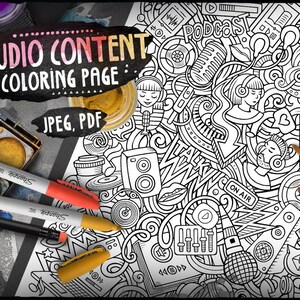 LISTENING to MUSIC Digital Coloring Page, Podcast Doodle Adult Coloring ...