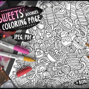 SWEETS Digital Coloring Page, Desserts Doodle Adult Coloring Book ...