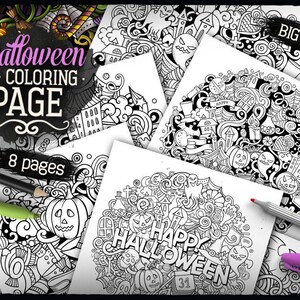 8 Happy Halloween Digital Coloring Pages, Adult Coloring, Halloween ...