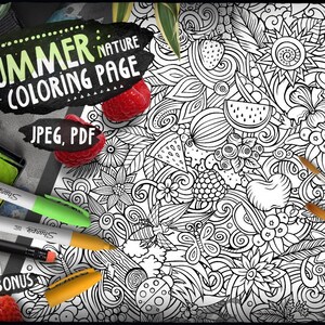 SUMMER Nature Digital Coloring Page/ Season Doodle Adult Coloring Book ...