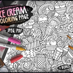 ICE CREAM Digital Coloring Page, Sweet Food Doodle Adult Coloring Book ...