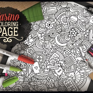 CASINO Digital Coloring Page, Gambling Doodle Adult Coloring Book ...