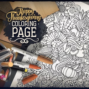 HAPPY THANKSGIVING Digital Coloring Page, Give Thanks Adult Coloring ...