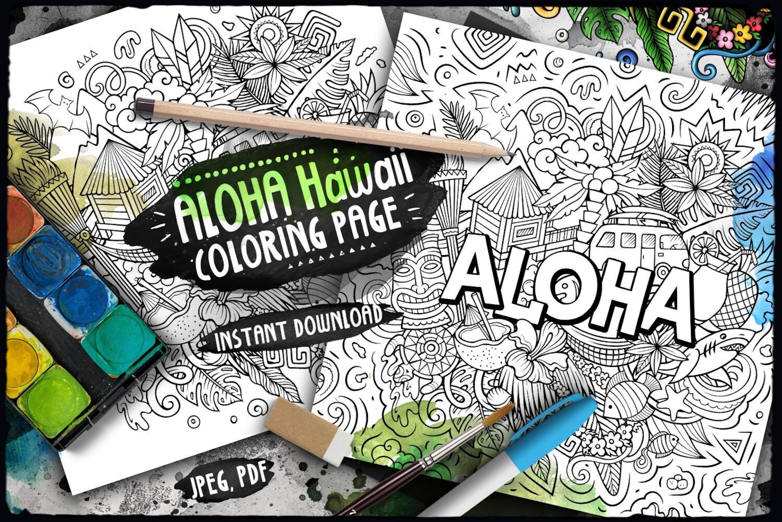 ALOHA Hawaii Digital Coloring Page/ Hawaiian Doodle Illustration ...