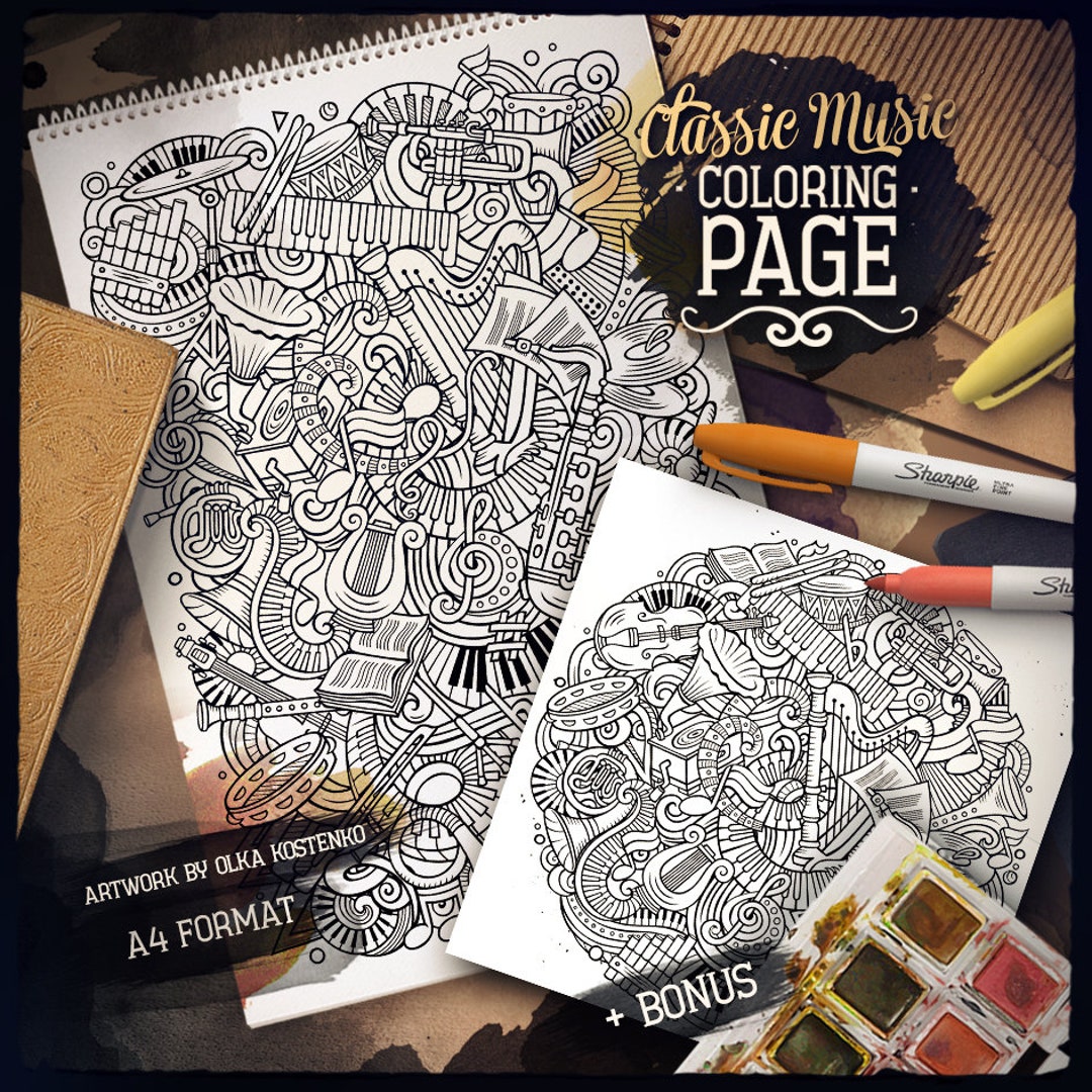 MUSIC CLASSIC Цифровая раскраска, Art Doodle Adult Coloring Book ...