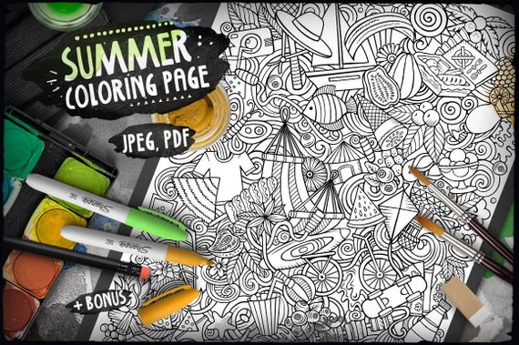 SUMMER Digital Coloring Page/ Season Doodle Adult Coloring | Etsy