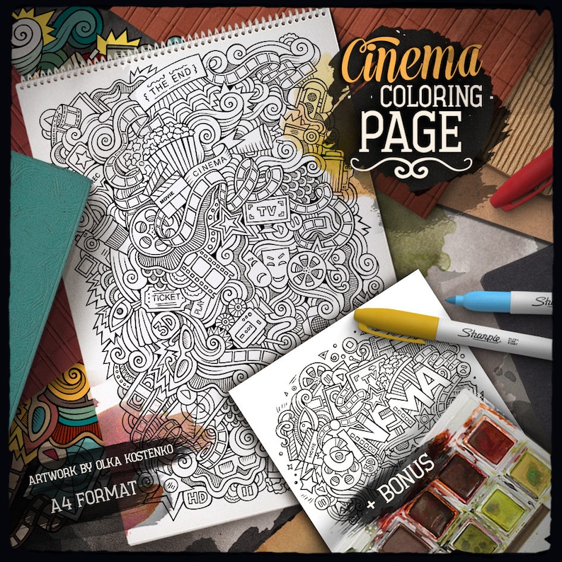 CINEMA Digital Coloring Page Movie Doodle Adult Coloring - Etsy