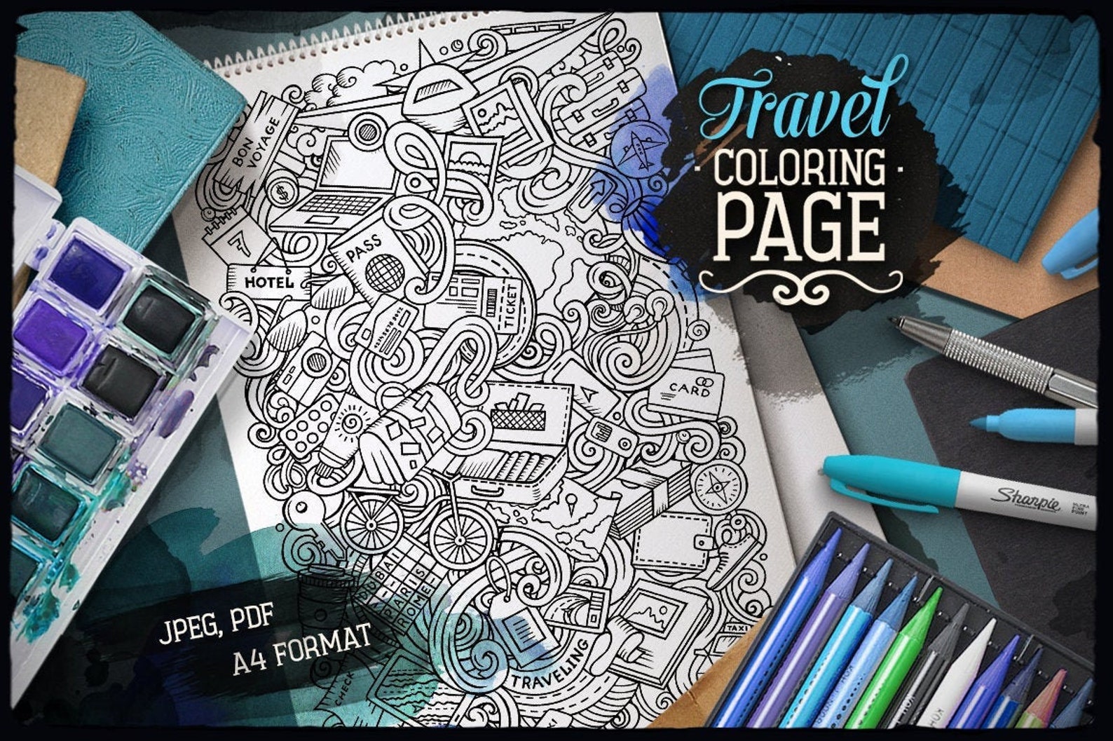 TRAVEL Digital Coloring Page, Traveling Doodle Adult Coloring Book ...