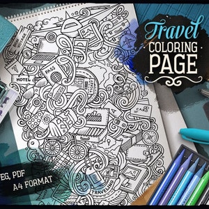 TRAVEL Digital Coloring Page, Traveling Doodle Adult Coloring Book ...