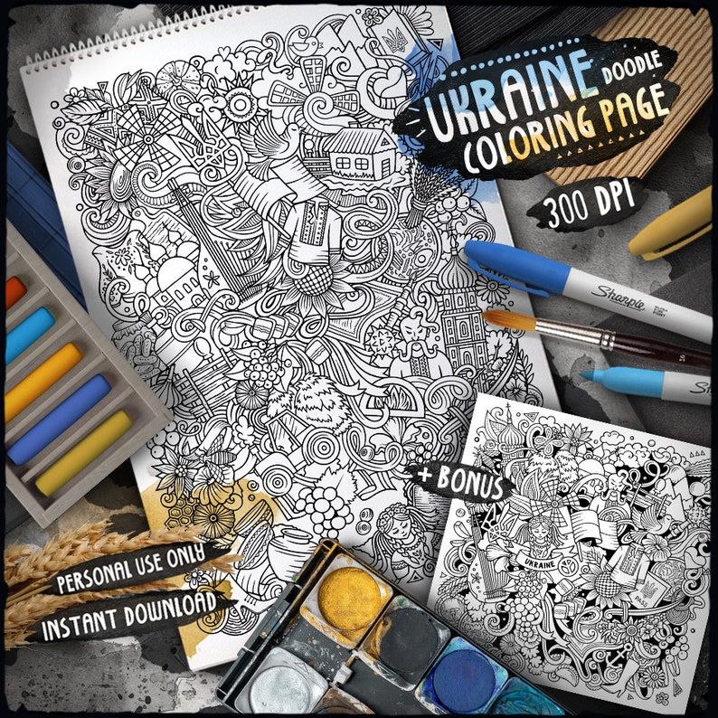 UKRAINE Digital Coloring Page, Ukrainian Adult Coloring Book, Doodle ...