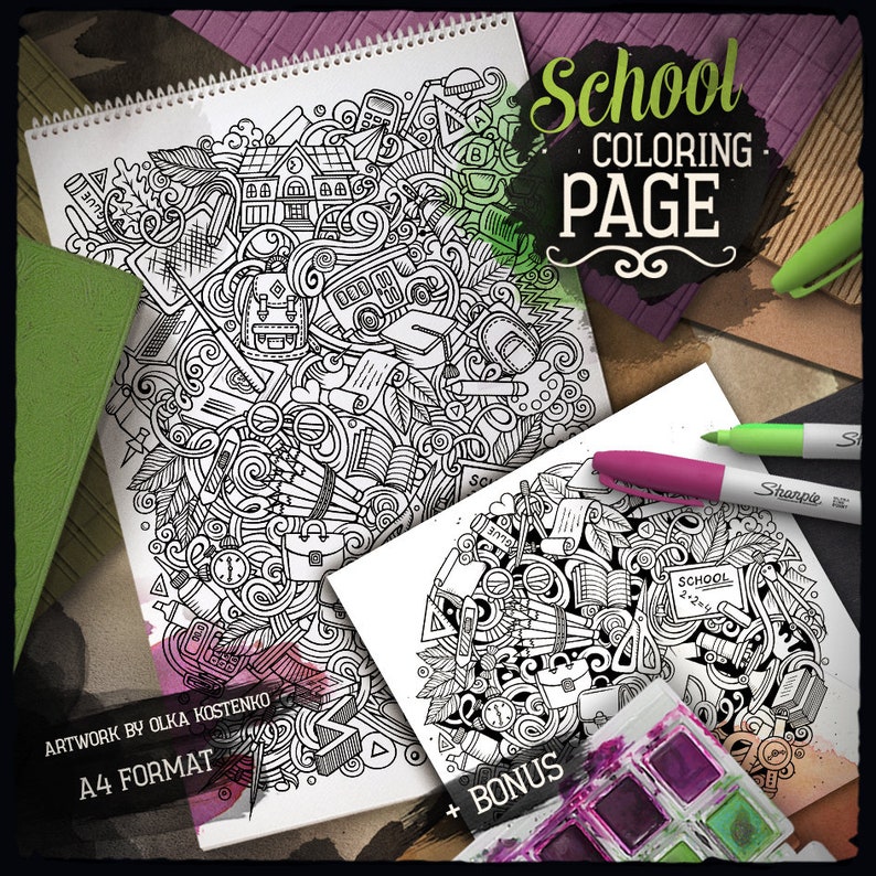 BACK TO SCHOOL Digital Coloring Page, School Doodle Adult Coloring Book ...