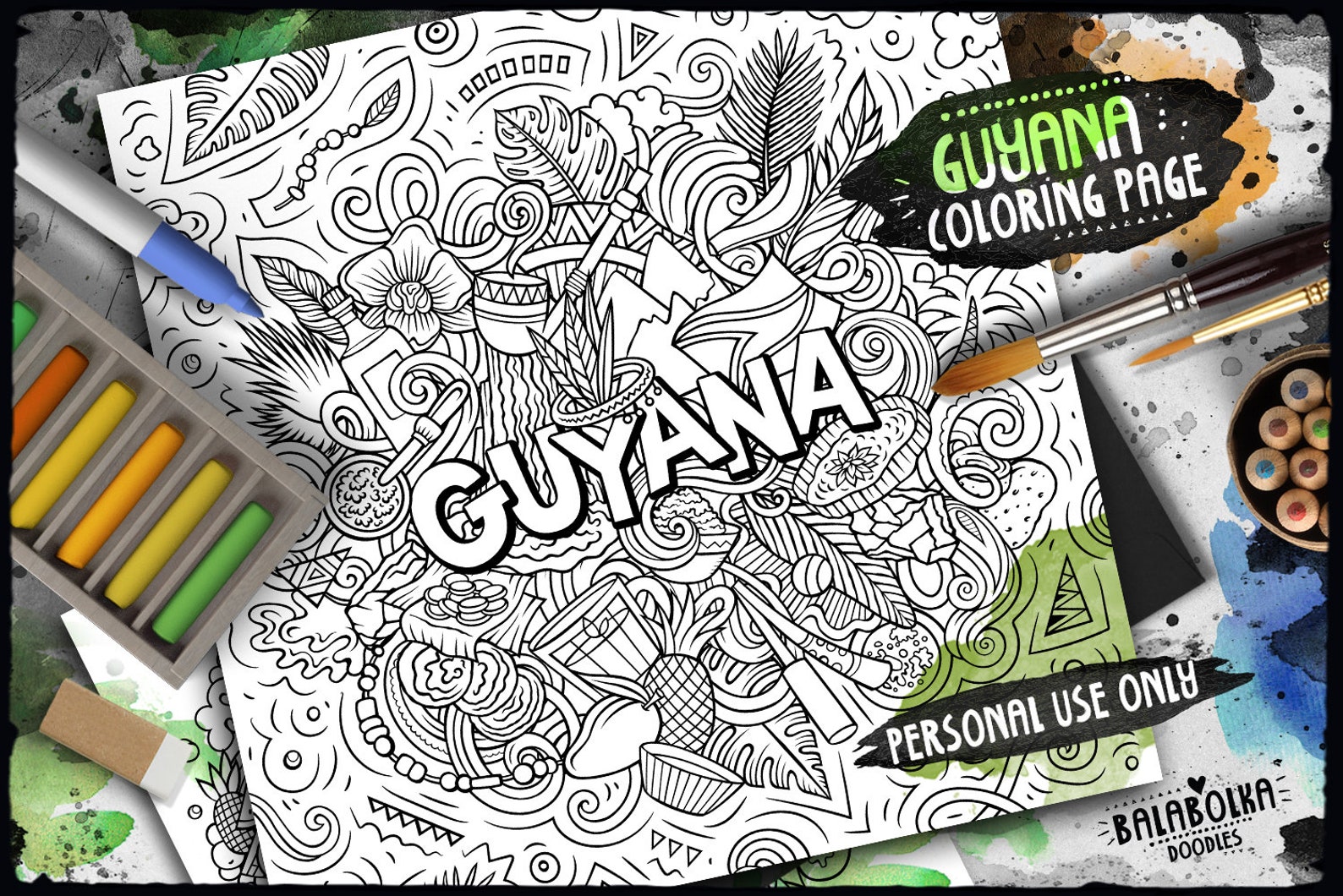 GUYANA Digital Coloring Page/ Latino Adult Coloring/ Latin American ...