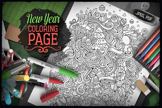 NEW YEAR Digital Coloring Page Adult Coloring Printable - Etsy
