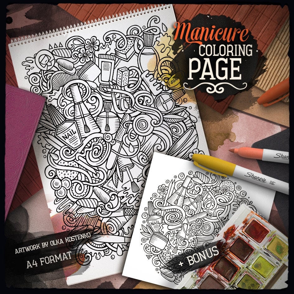 NAIL SALON Digital Coloring Page, Manicure Doodle Adult Coloring Book ...