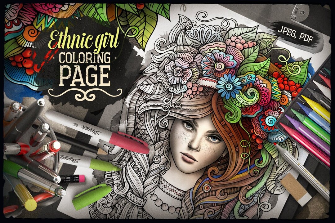 Ukrainian Girl COLORING PAGE, Ethnic Girl Portrait, Ukraine Art, Women ...