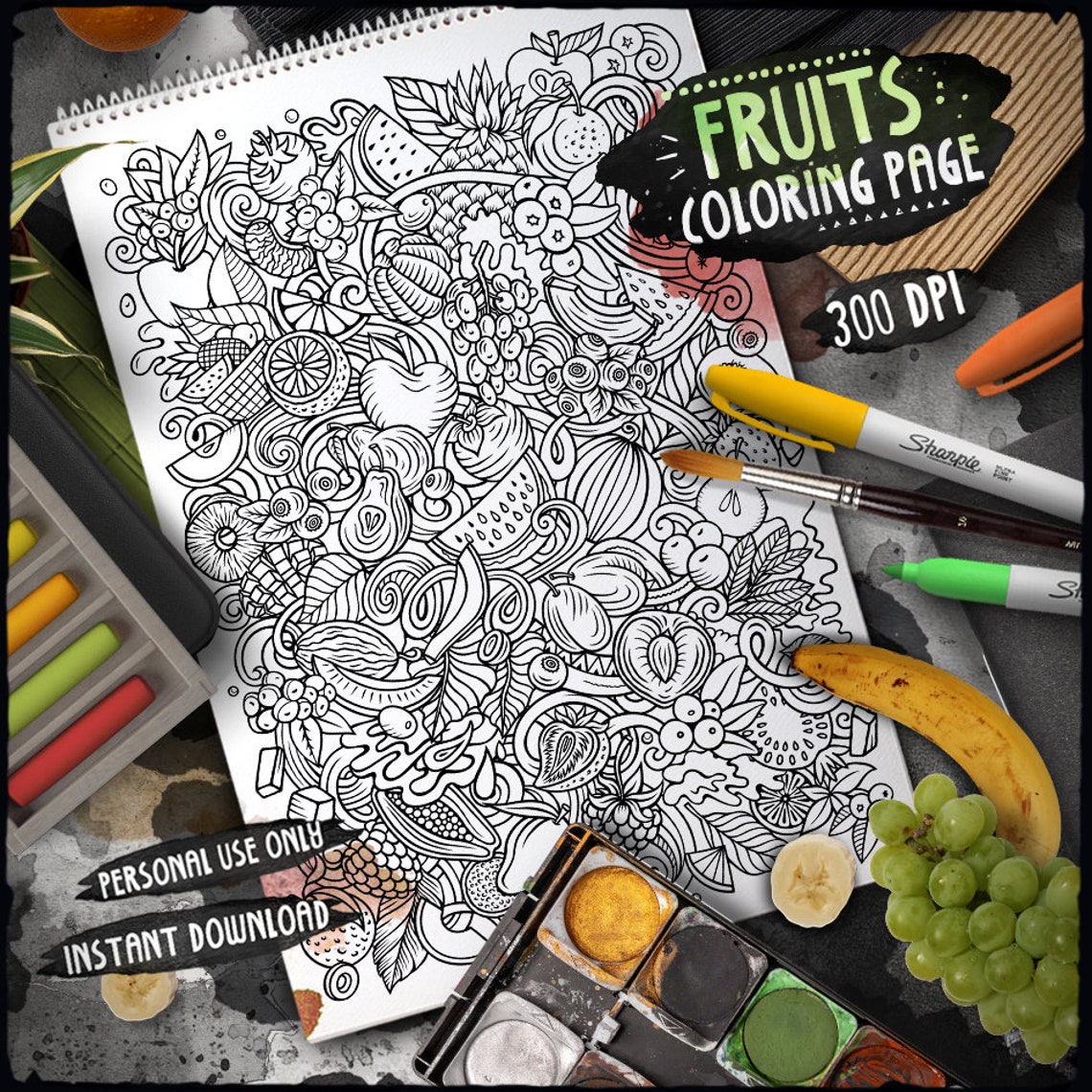 FRUITS Digital Coloring Page/ Fresh Fruits Doodle Adult Coloring Book ...