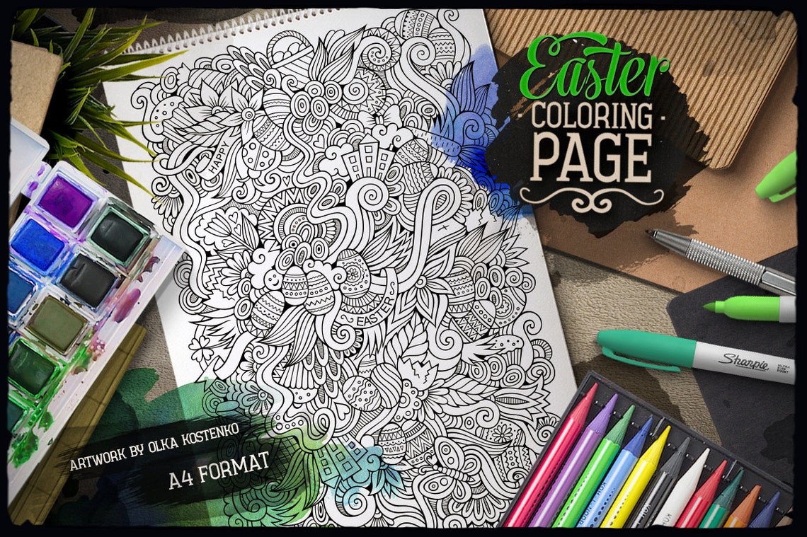 Happy EASTER Digital Coloring Page Adult Coloring Printable - Etsy