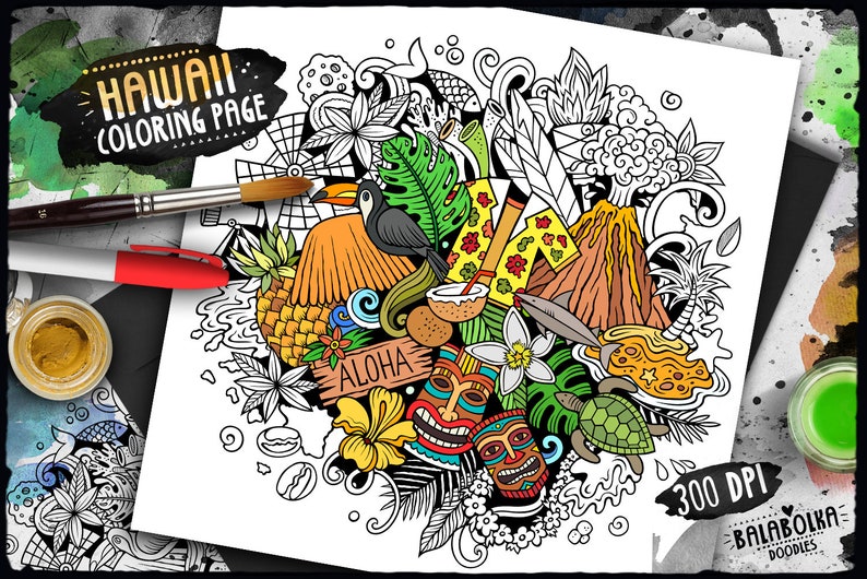 HAWAII Digital Coloring Page/ Hawaiian Doodle Illustration/ American ...