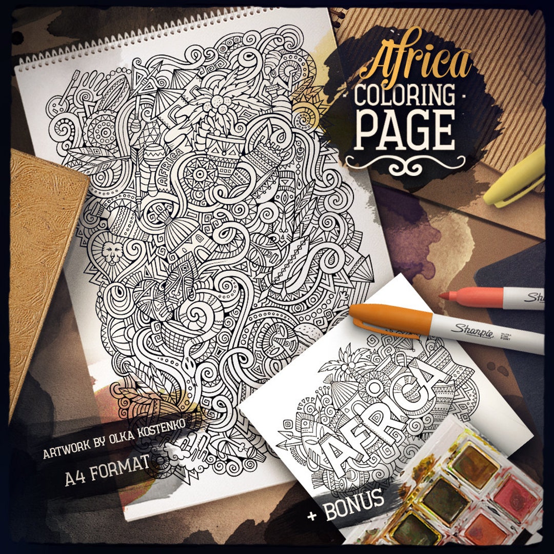 AFRICA Digital Coloring Page, African Doodle Adult Coloring Book ...