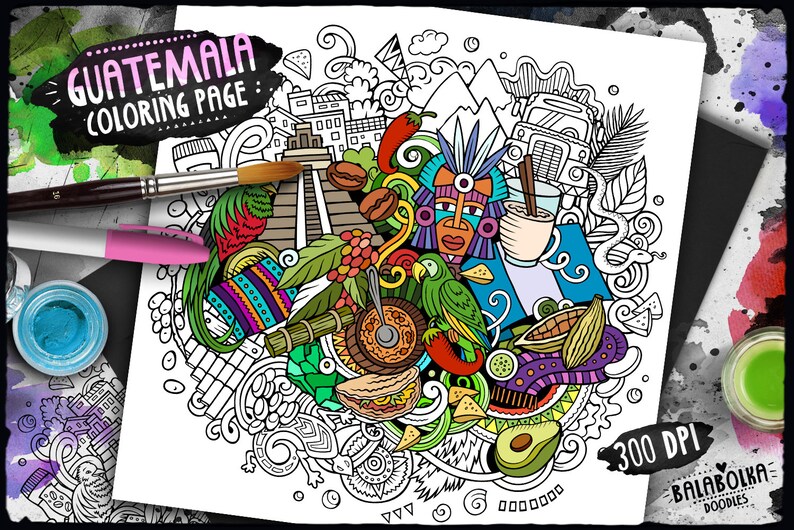 GUATEMALA Digital Coloring Page/ Maya Culture Travel Adult Coloring ...