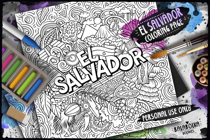 EL SALVADOR Digital Coloring Page/ Travel Adult Coloring/ Central ...