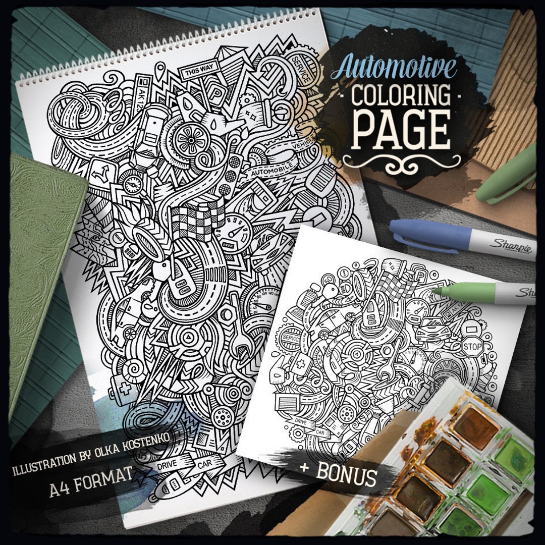 AUTOMOTIVE Digital Coloring Page, Auto Doodle Adult Coloring Book ...