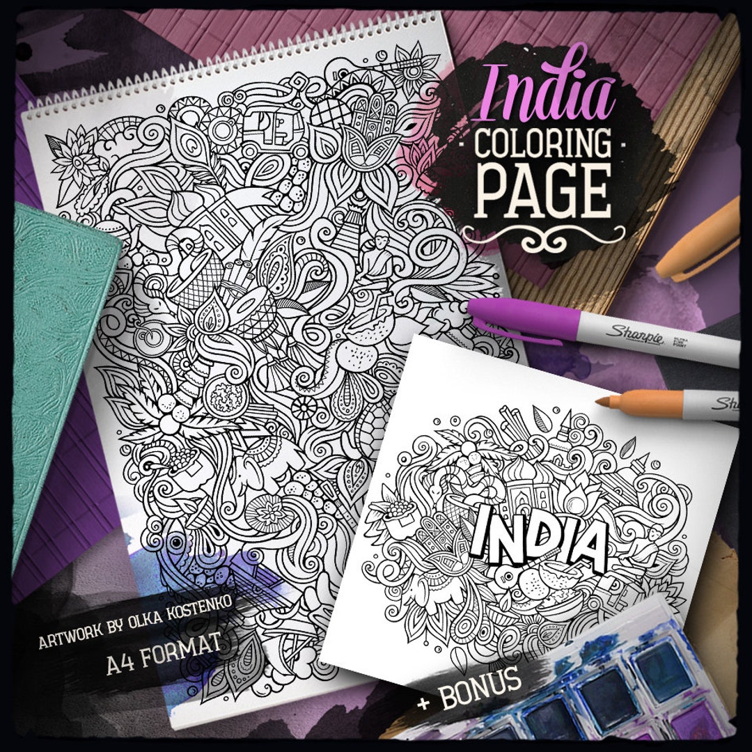 INDIA Digital Coloring Page, Indian Culture Doodle Adult Coloring Book ...