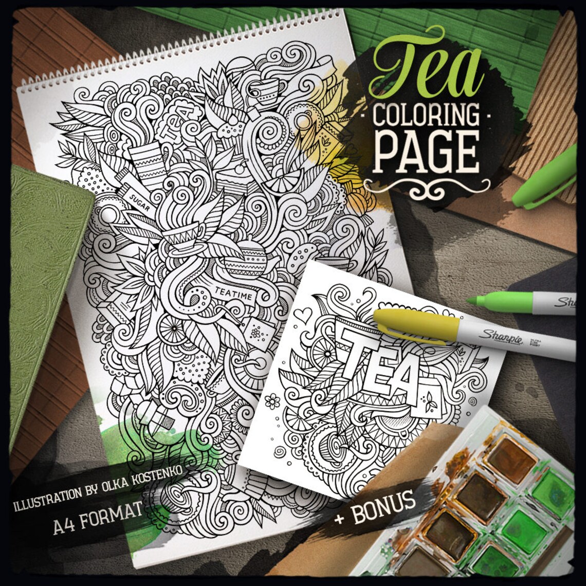TEA TIME DOODLE Digital Coloring Page, Adult Coloring, Tea Party ...