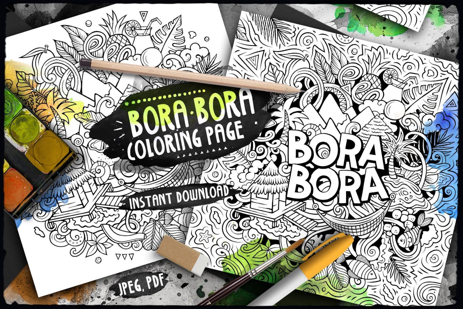 BORA-BORA Digital Coloring Page/ Tropical Doodle Illustration/ Exotic ...