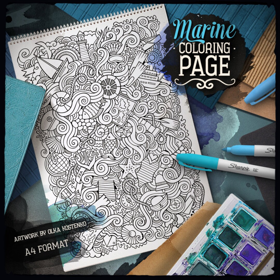 MARINE Digital Coloring Page, Maritime Doodle Adult Coloring Book ...
