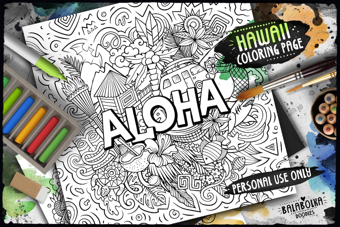 ALOHA Hawaii Digital Coloring Page/ Hawaiian Doodle Illustration ...