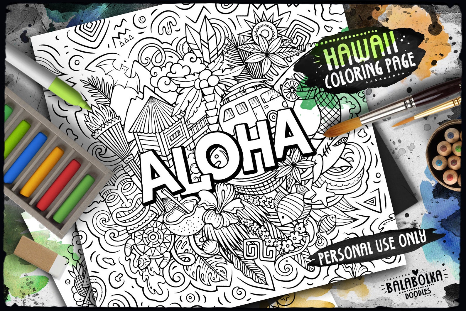 ALOHA Hawaii Digital Coloring Page/ Hawaiian Doodle Illustration ...