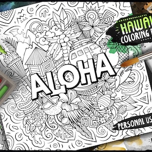 ALOHA Hawaii Digital Coloring Page/ Hawaiian Doodle Illustration ...
