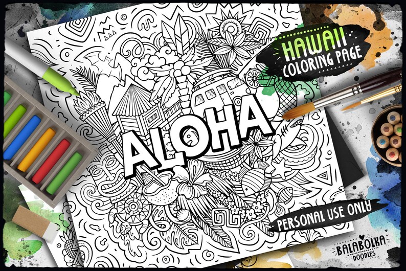 ALOHA Hawaii Digital Coloring Page/ Hawaiian Doodle Illustration ...
