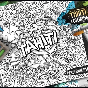 TAHITI Digital Coloring Page/ Tropical Doodle Illustration/ Exotic ...