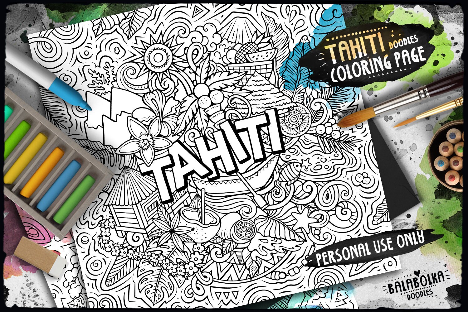 TAHITI Digital Coloring Page/ Tropical Doodle Illustration/ Exotic ...