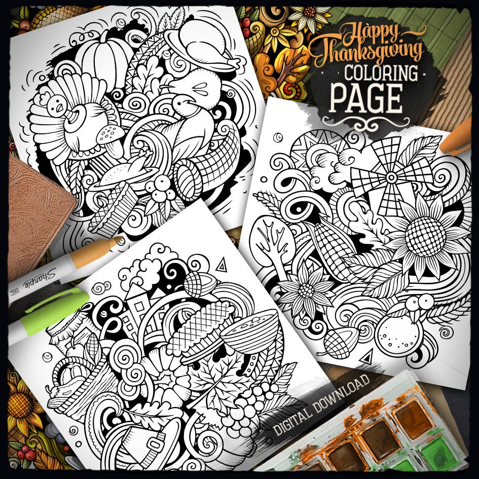 8 Happy Thanksgiving Digital Coloring Pages, Adult Coloring, Give ...