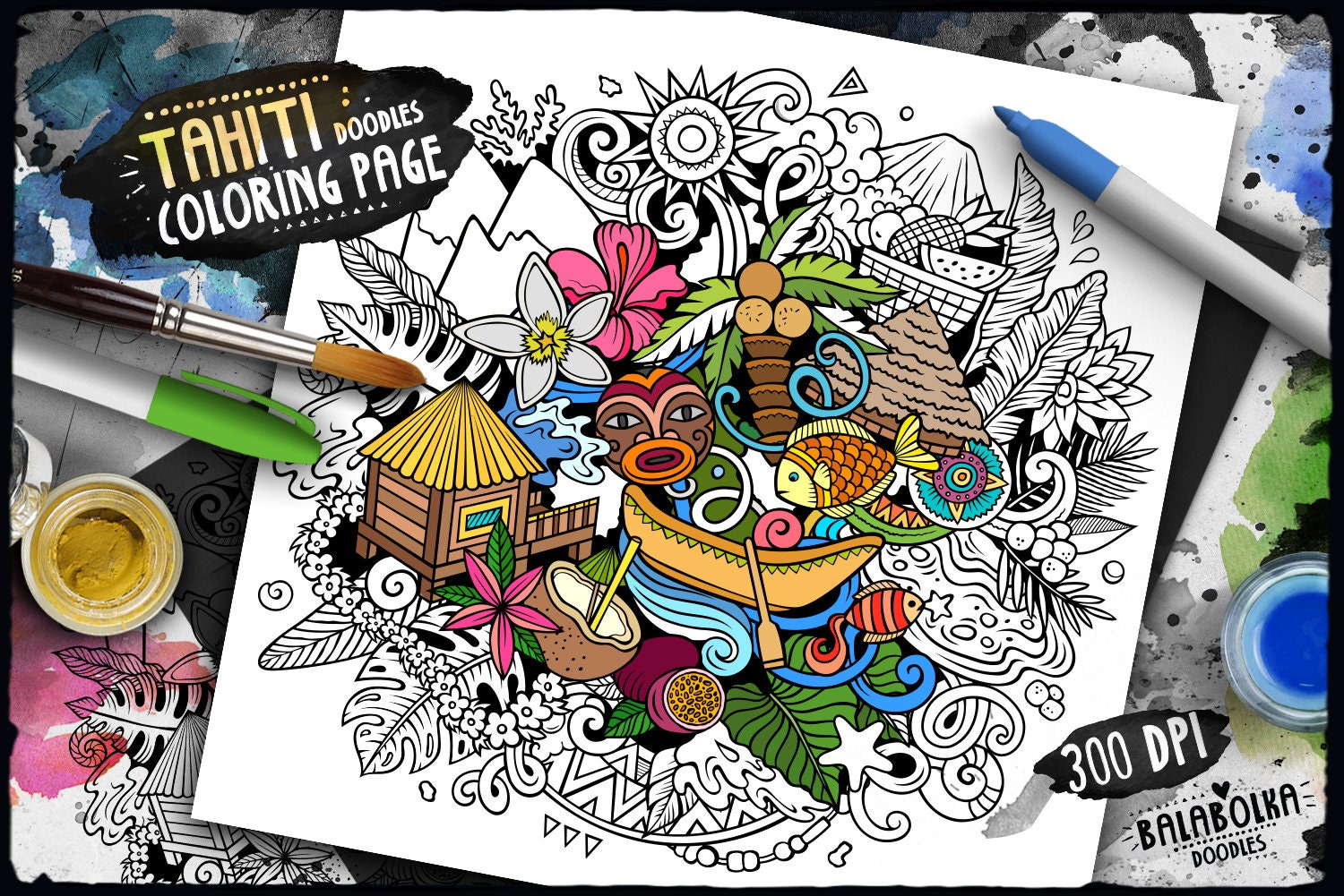 TAHITI Digital Coloring Page/ Tropical Doodle Illustration/ Exotic ...